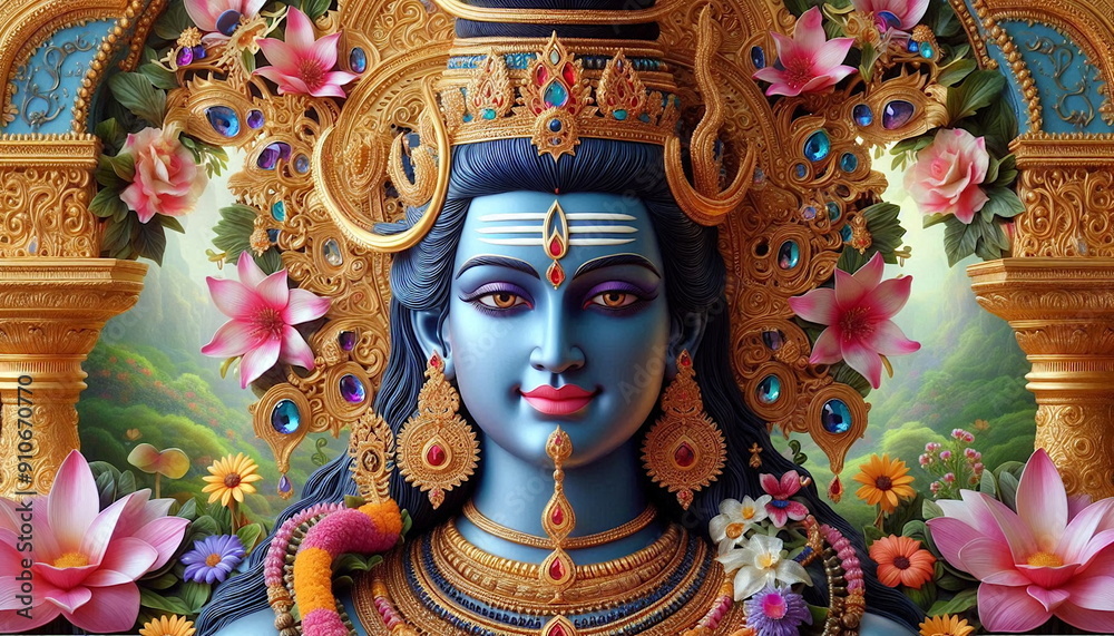 beautiful colorful hindu god lord shiva or sankar,mahadev with flower ...