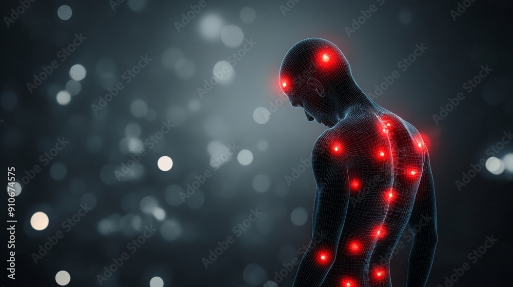 Artistic depiction of a human silhouette with glowing red spots on the ...