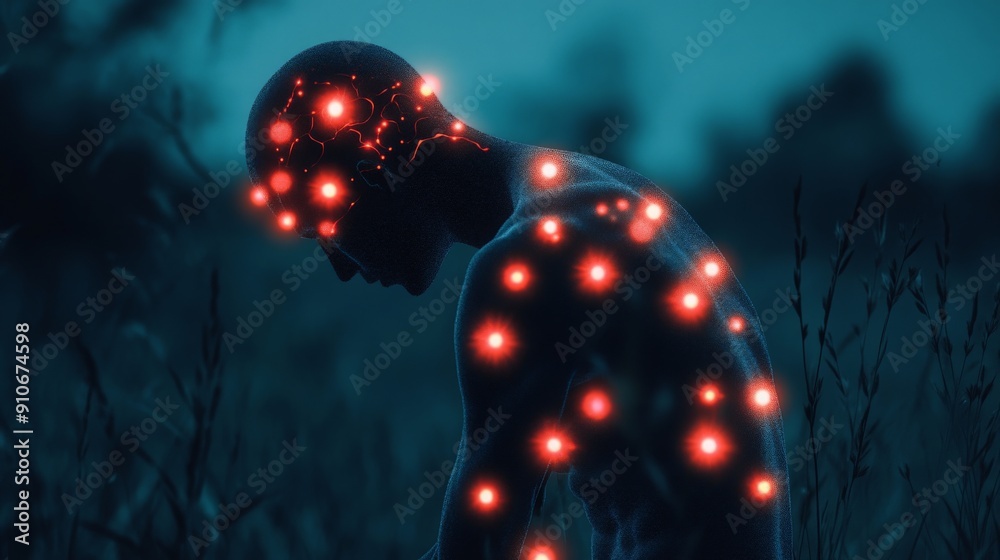 Artistic depiction of a human silhouette with glowing red spots on the ...