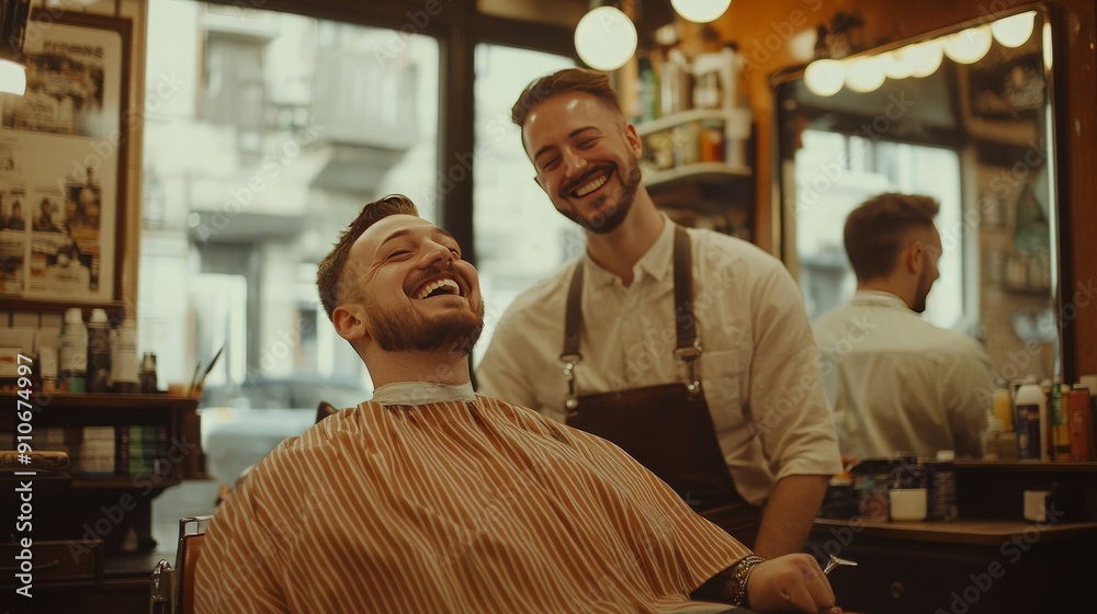 Barber and client sharing a laugh in a friendly barbershop environment ...