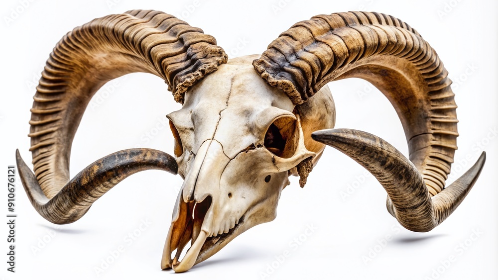 Macro close-up of a mountain goat's skull with curved horns, isolated ...