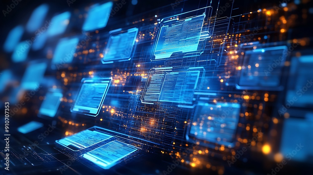 Abstract network grid with files and folders, futuristic software interface, digital document ...