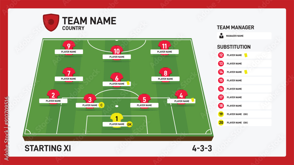 Football or soccer match starting lineups formation 433 and field ...