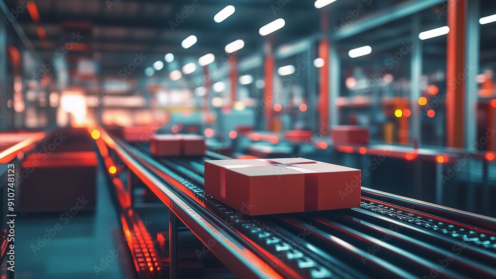 A photo of a high-tech fulfillment center with automated sorting and packaging systems for ...