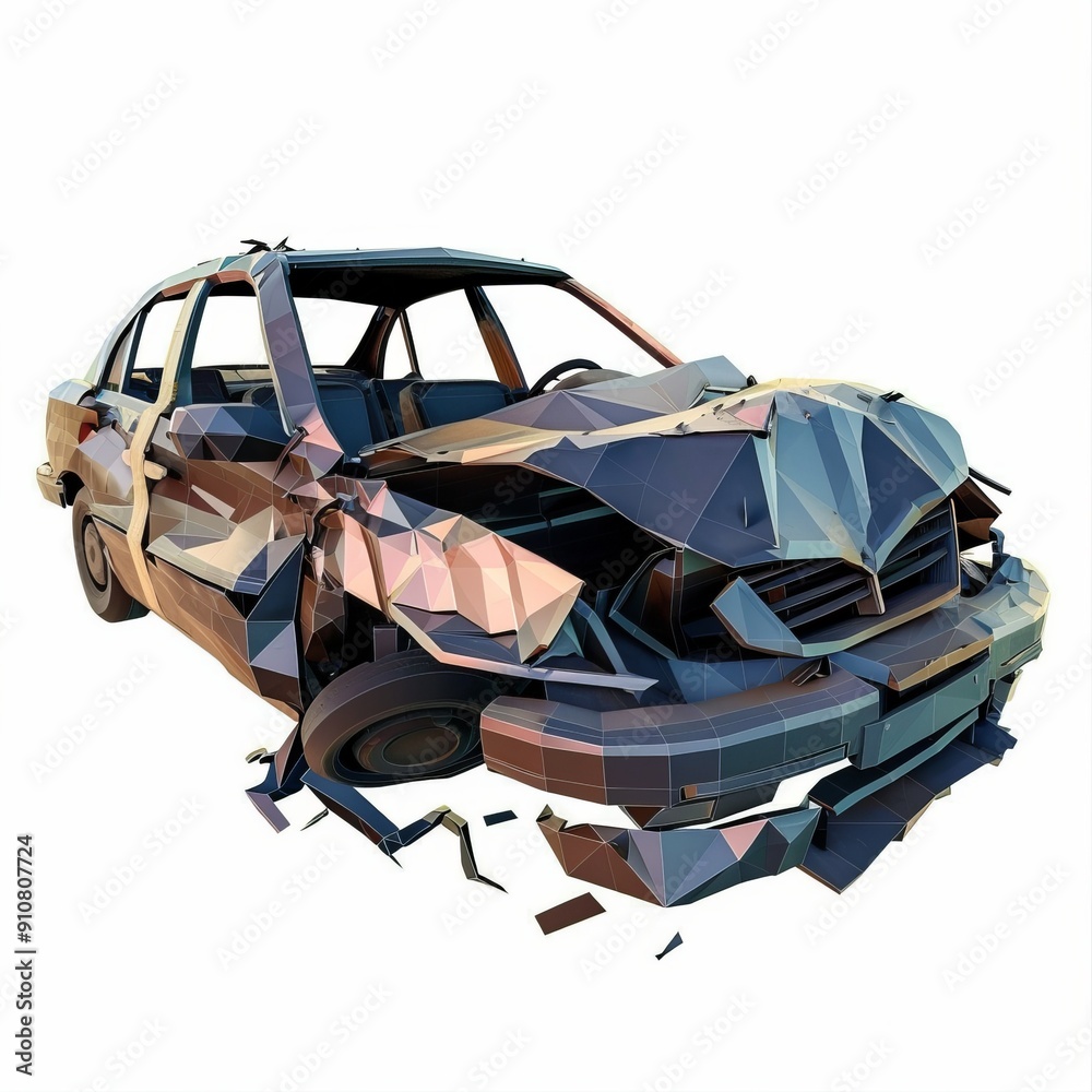 3D Render, Low Poly style of carwreck with front end crushed and frame ...