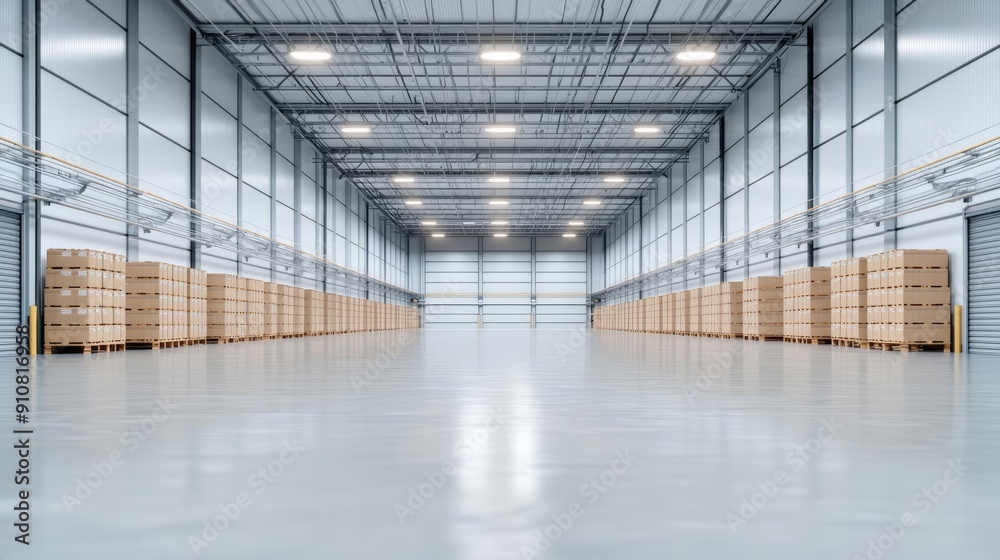 Empty industrial storage space with high ceilings and bright LED lights ...