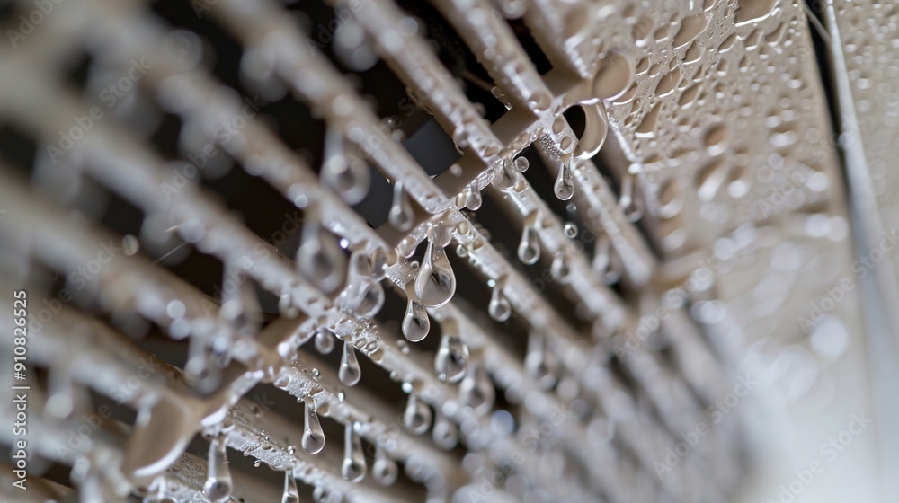 Neglected air conditioning unit showing water droplets on the grille ...