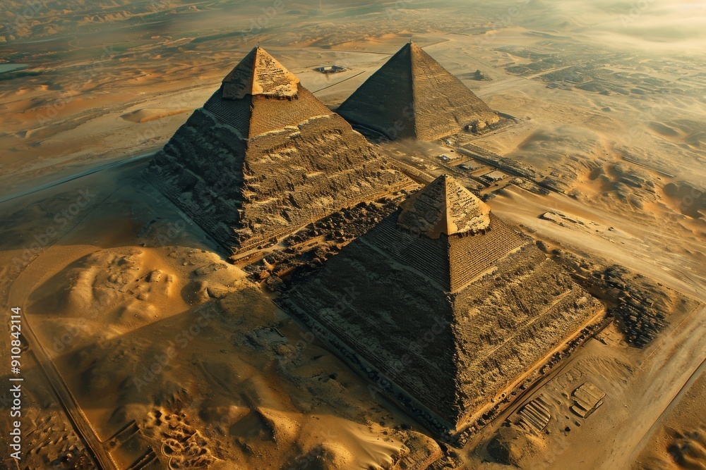 This photo captures an aerial view of the Pyramids of Giza, showcasing ...