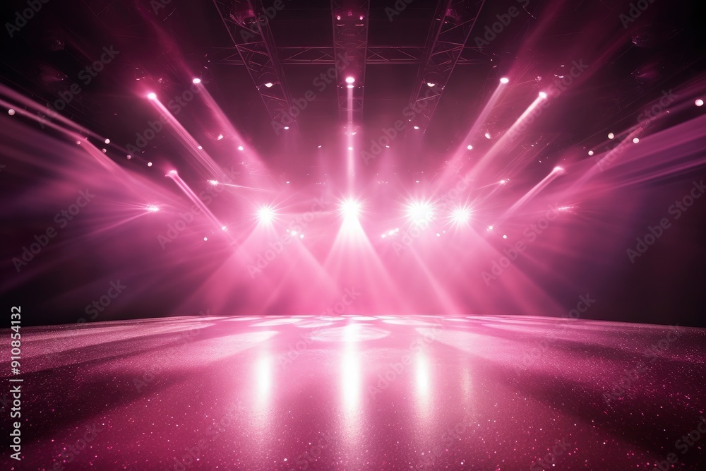 Pink spotlight stage background. Disco party projector light concert or ...