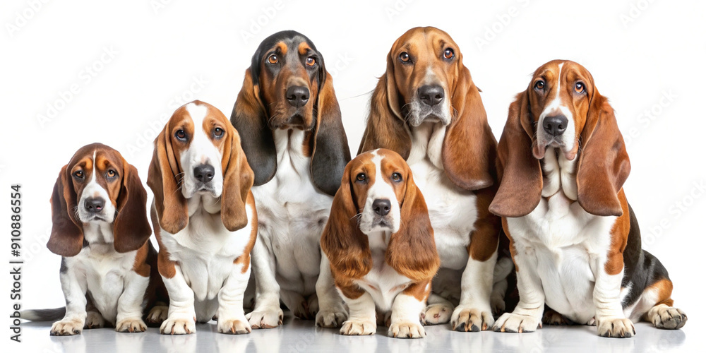 A group of basset hounds sitting and standing together, showcasing ...