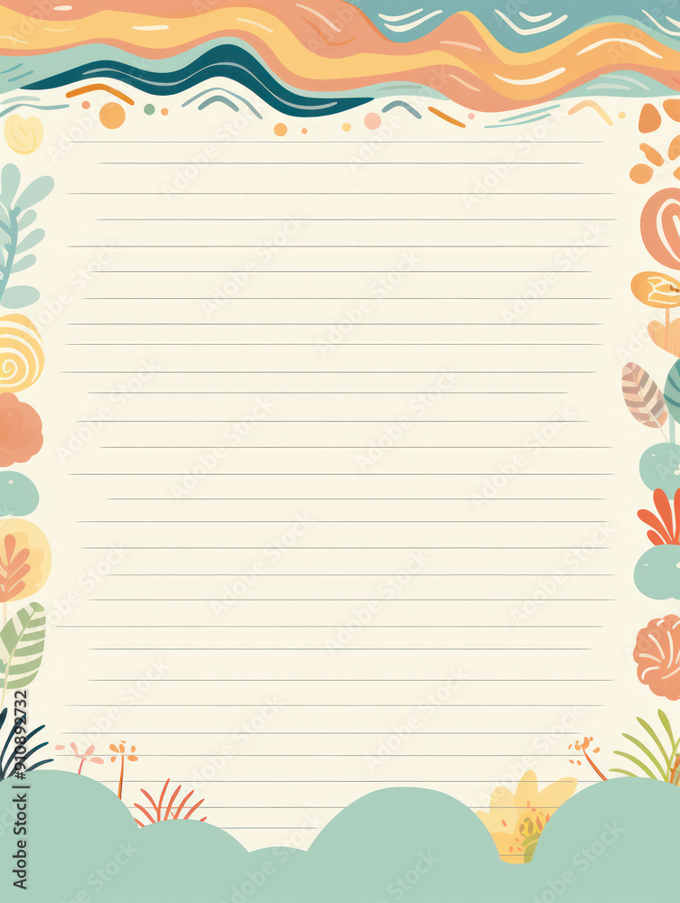 Lined paper with abstract floral and wave design for writing notes ...