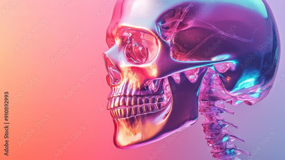 A skull with holographic abstract 3D shapes wrapping around its jaw and ...