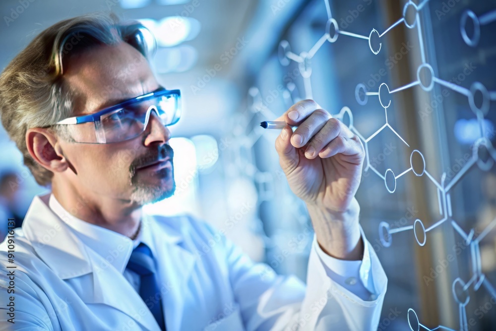 Stock-Foto „Investigador analizando estructuras moleculares en un laboratorio. Lleva gafas de ...
