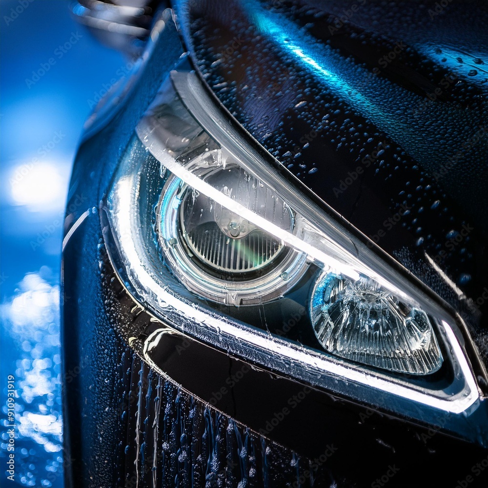 Luxury Car in Automatic Car Wash with Blue Lighting and Water Spray ...