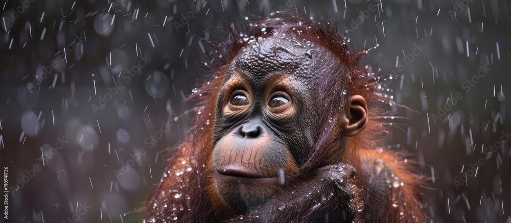 An orangutan with a shy demeanor appearing to hide from the rain ...