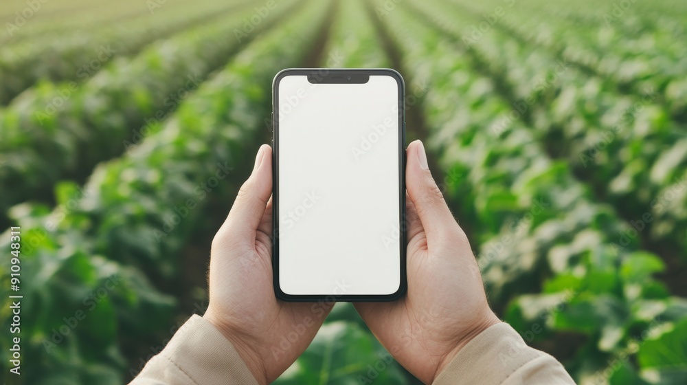 Smartphone in Farm Field: A person's hands hold up a smartphone with a ...