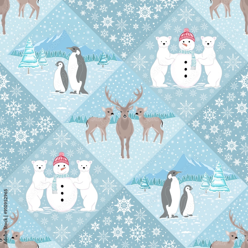Winter snow animals seamless pattern. Baby deers, penguins, polar bears ...