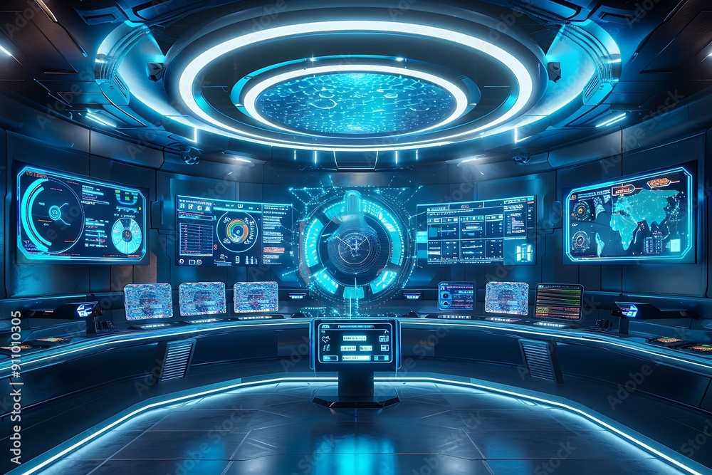 A cyber-security control room with multiple screens displaying real ...