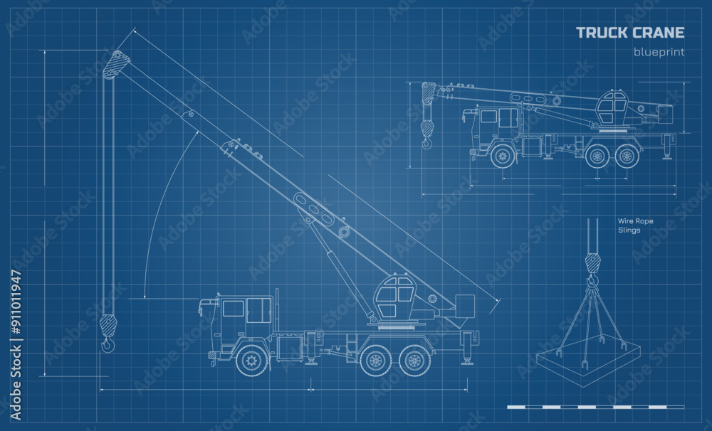 Truck crane industrial blueprint. Hydraulic machine outline drawing ...