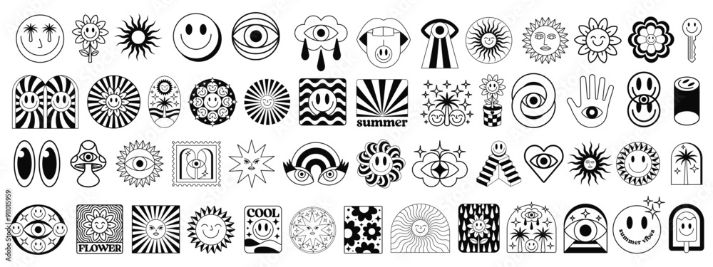 Tattoo Art Graphic Elements Vector Design. Acid Trippy Icon Signs. Pop ...