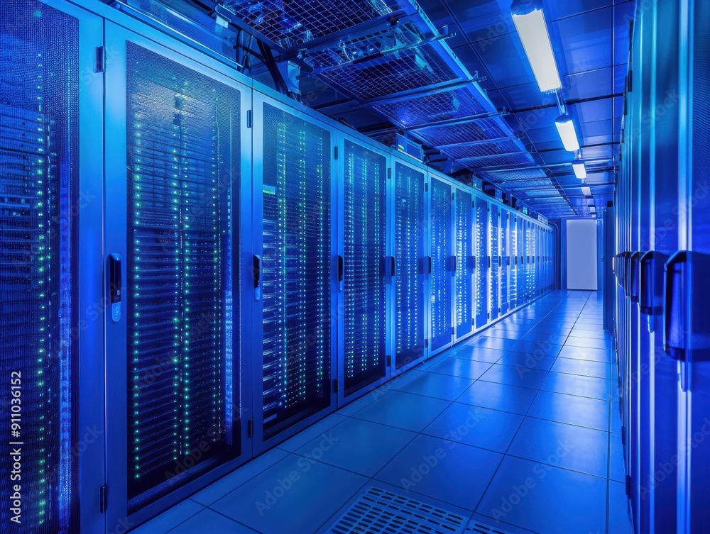 inside a magnificent data center with numerous servers and storage bays ...