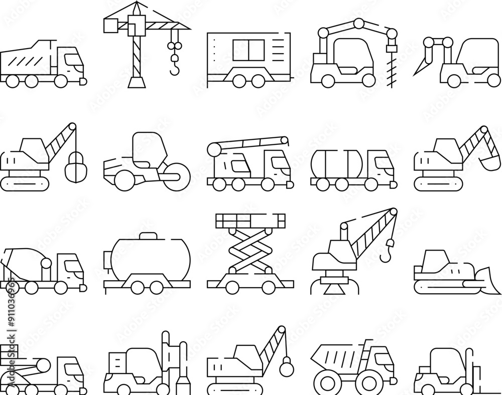 Construction Vehicle Collection Icons Set Vector. Construction Crane ...