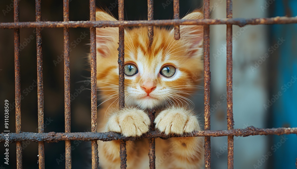sad ginger kitten in cage, dirty and emaciated animal living conditions ...
