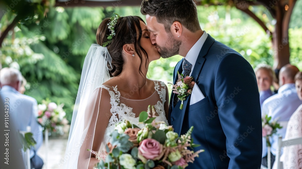 Emotional moment as the bride and groom share their first kiss as a ...