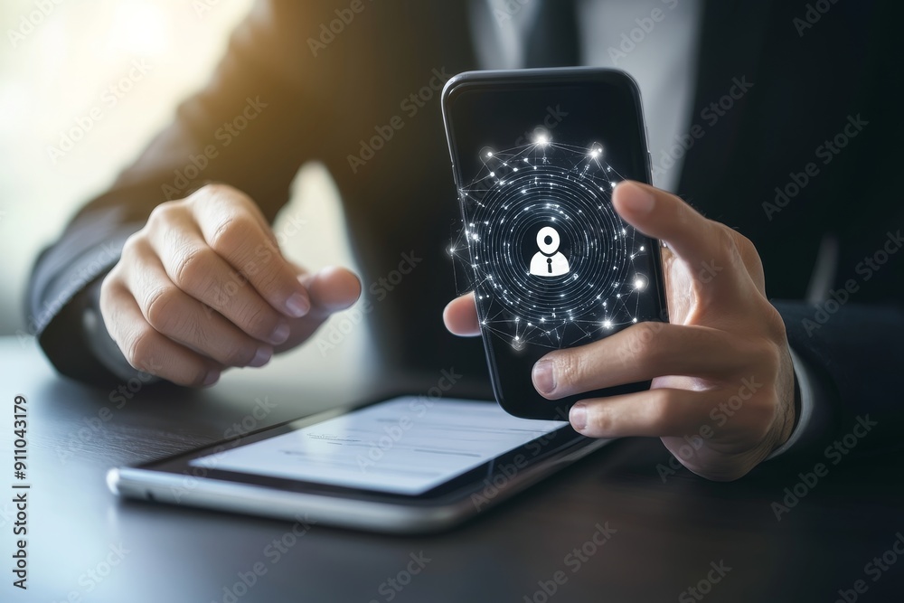 Businessman using a smartphone with a digital user profile icon ...