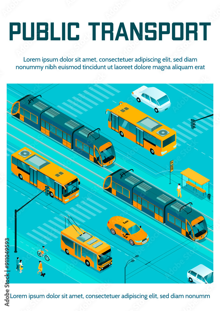 Isometric public transport poster template with different types of ...
