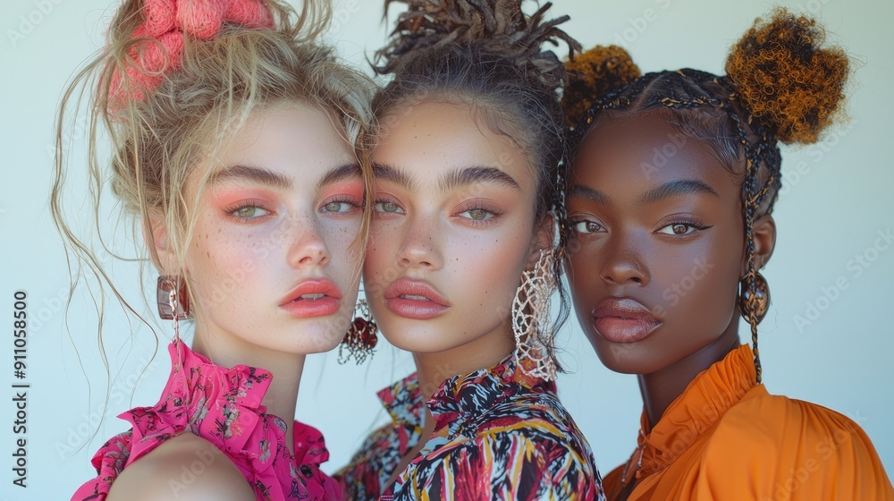 Three beautful fashion models of different races with natural makeup on ...
