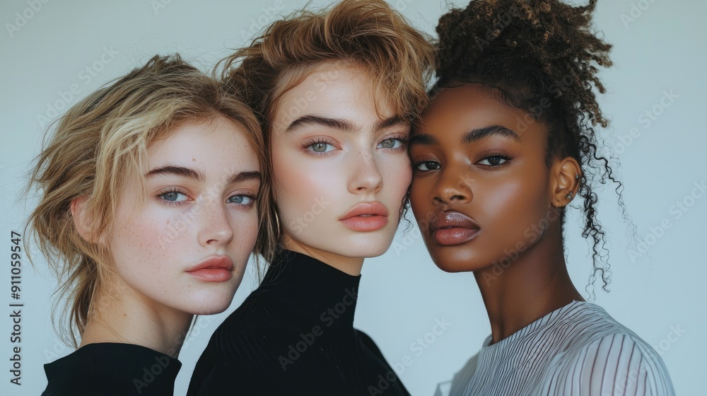 Three beautful fashion models of different races with natural makeup on ...