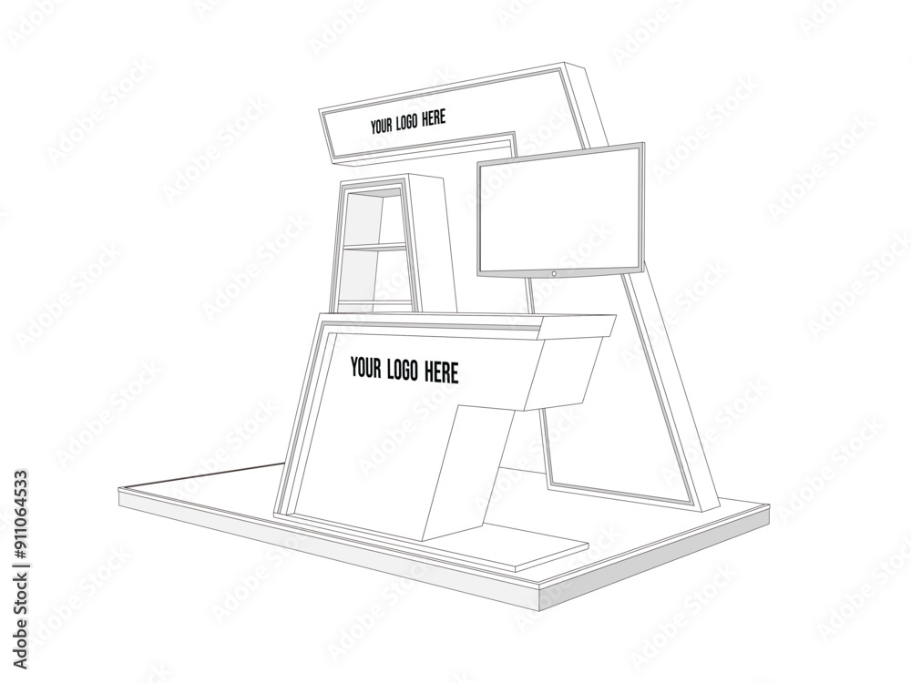 3d illustration stand booth 3x2m with table receptionist rack display ...