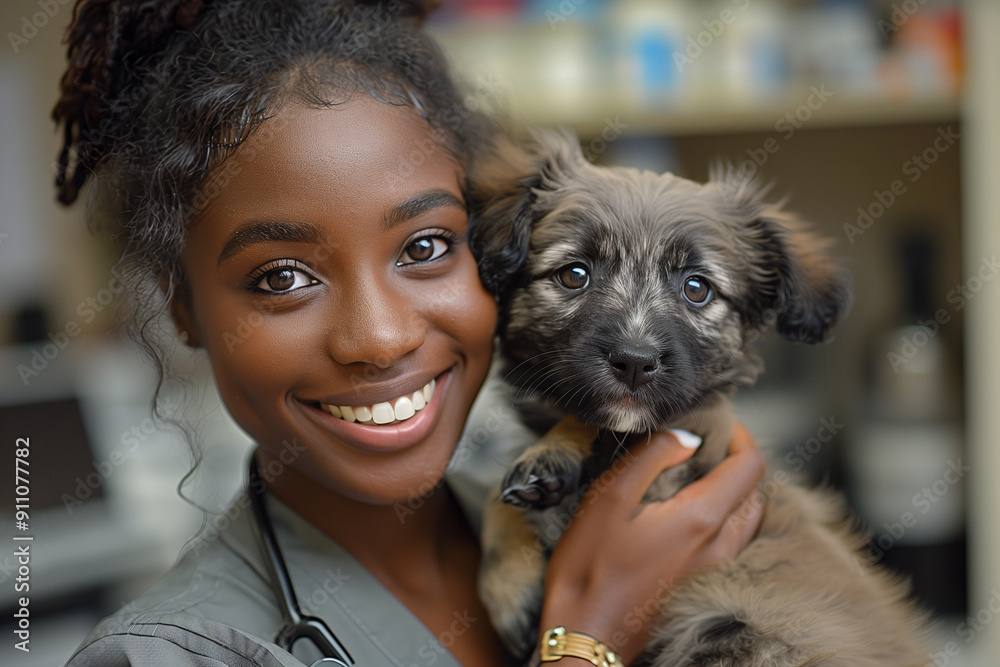 African American female veterinarian smiling holding up brown mongrel ...