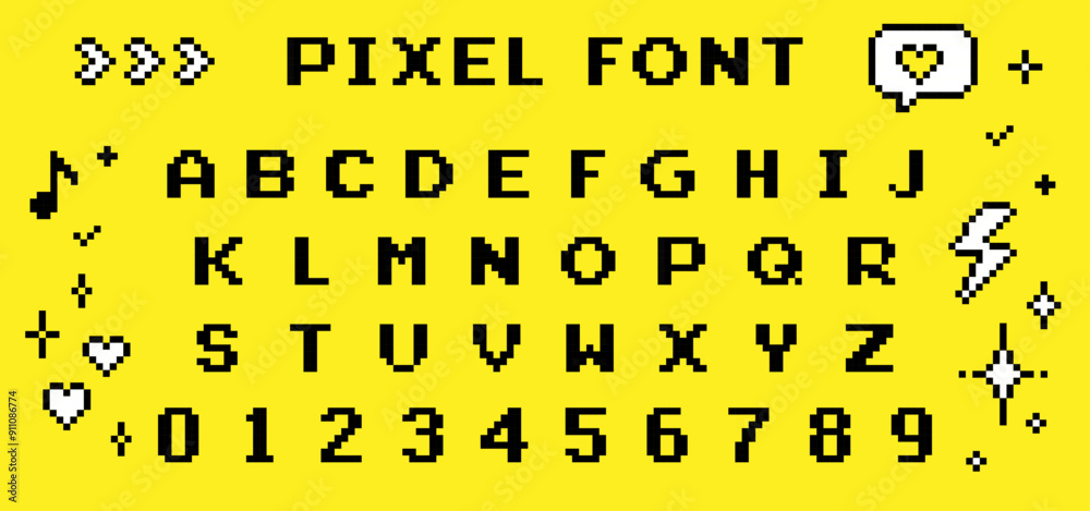 Pixel alphabet letters and number pack. Font set in pixel art. Mood of ...