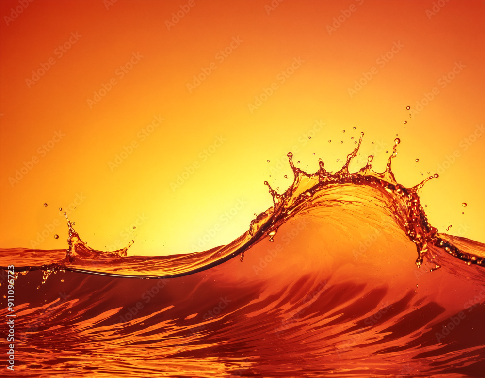 Close up of a liquid wave against a warm amber colored background ...