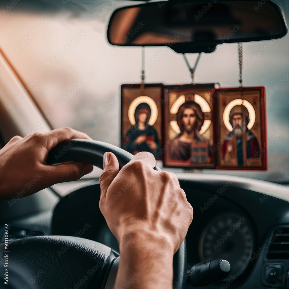 The man's hands hold the steering wheel of the car, icons of Jesus ...
