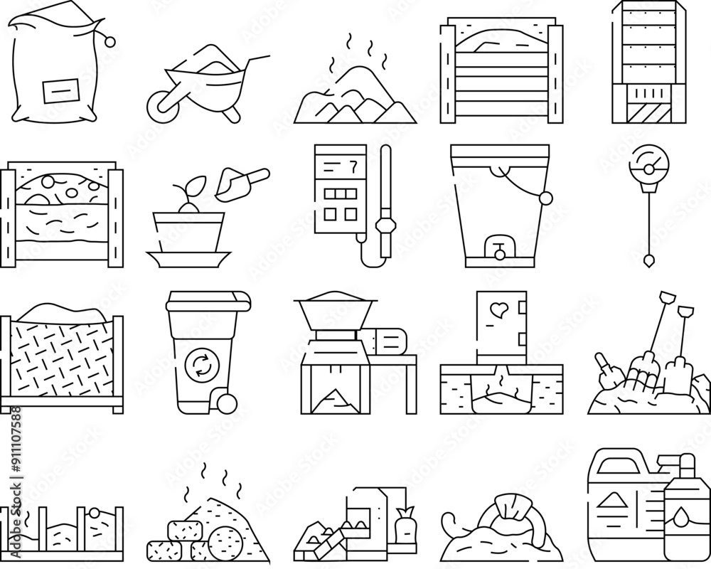 Compost Production Collection Icons Set Vector. Worms In Compost And ...
