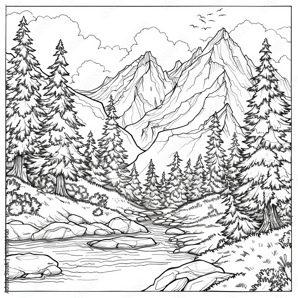 coloring page landscape , black line landscape coloring page , detailed ...