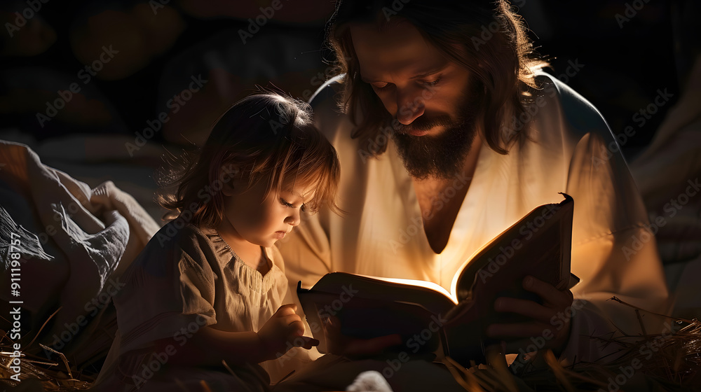 Jesus reading holy bible to little children in the dark. Jesus and ...