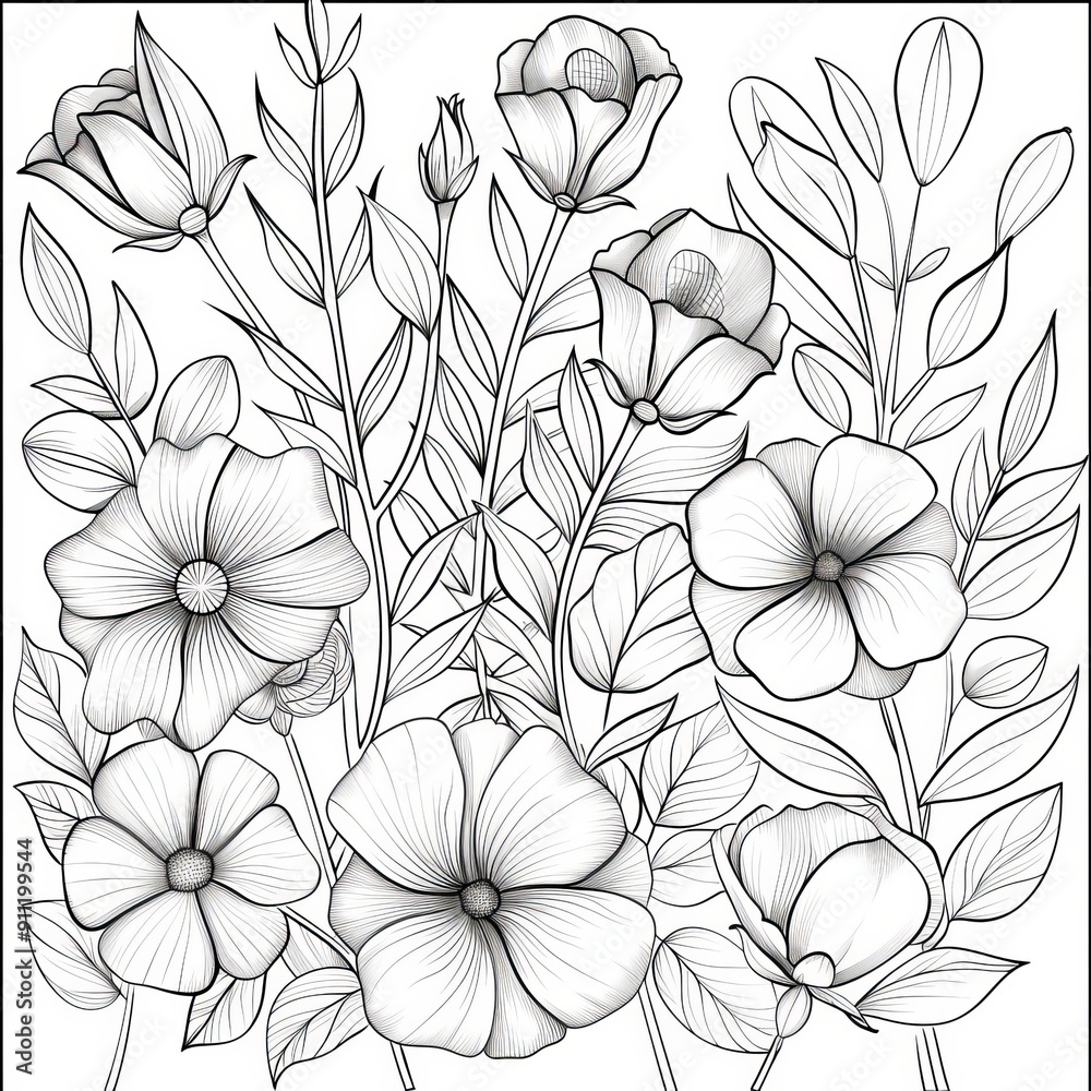 black line floral coloring page , outline flower coloring pages , black ...