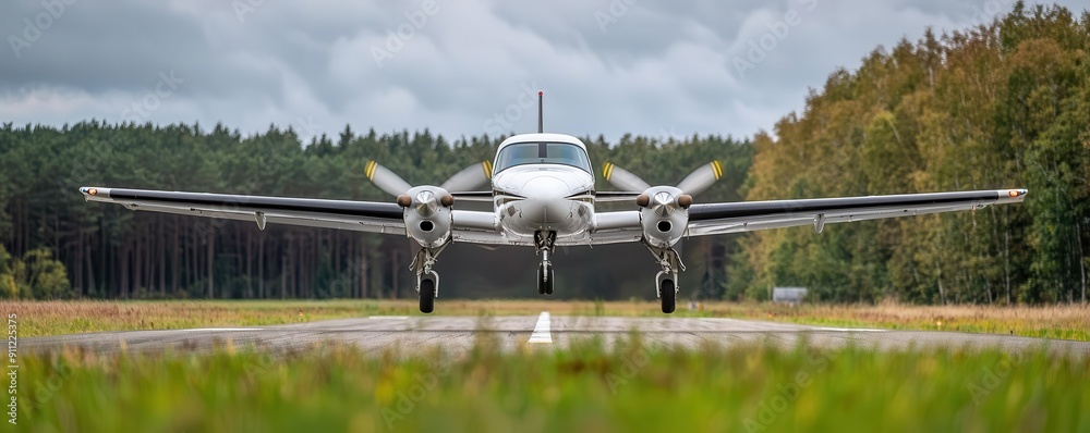 Small propeller plane taking off from a rural airstrip, symbolizing ...