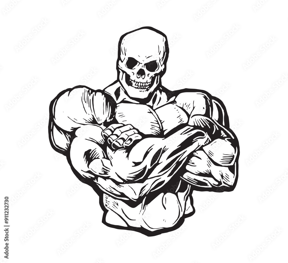 Skull of Body Builder Posing with funny Gym Logo Vector Black for T ...