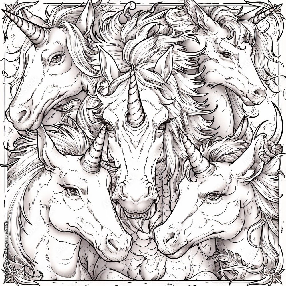 Ilustración de Stock printable fantasy coloring page with dragons and ...