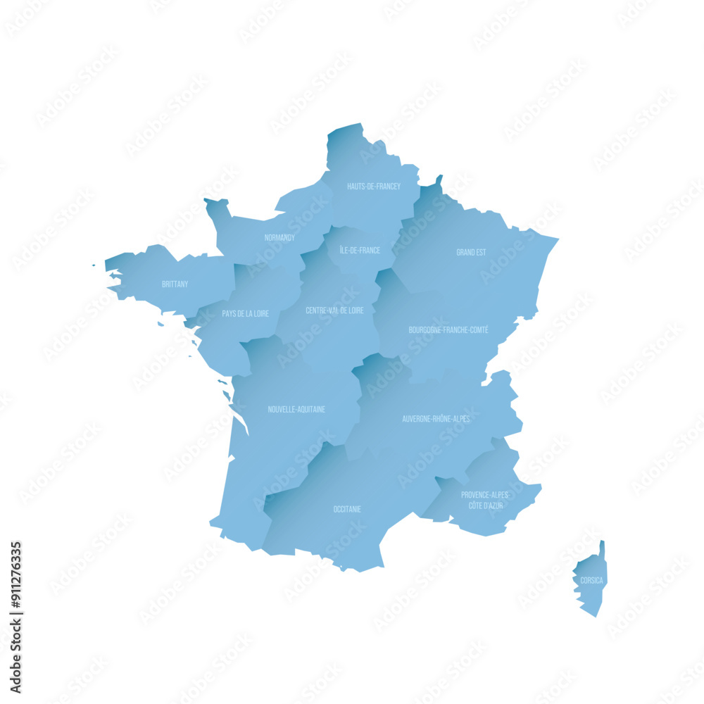 France political map of administrative divisions - regions. Shaded ...