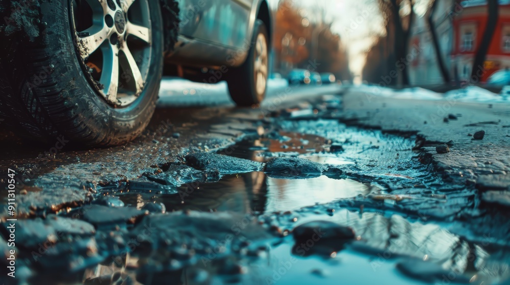car wheels running and closed up Very bad quality street with potholes ...
