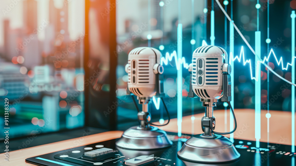 Podcast microphone on studio background, audio wave signal and copy ...