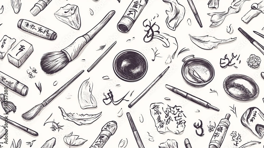 Flat vector drawing of Japanese calligraphy brushes, ink pots, and ...