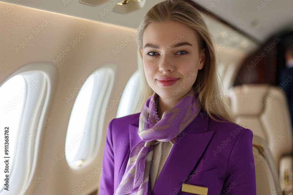 Smiling flight attendant in purple uniform standing inside luxurious ...
