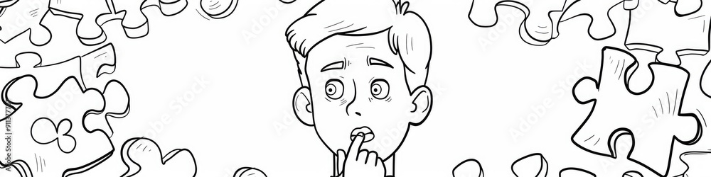 Black outline illustration of confused teenage boy solving puzzle for ...
